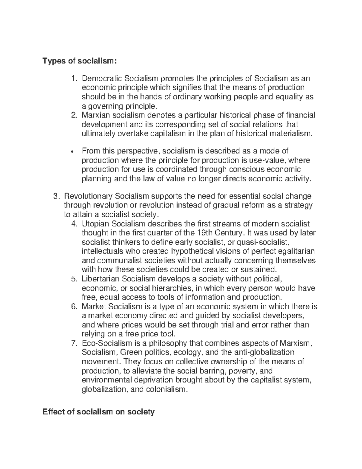 Types of Socialism - Assignment Overview and Impacts on Society - Studocu