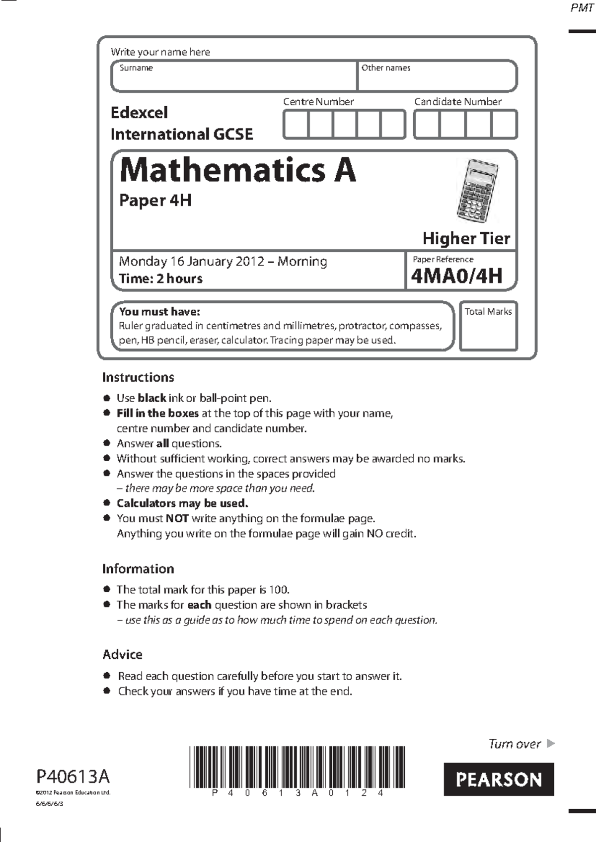 Edexcel International GCSE Mathematics A Paper 4H January 2012 QP - Studocu