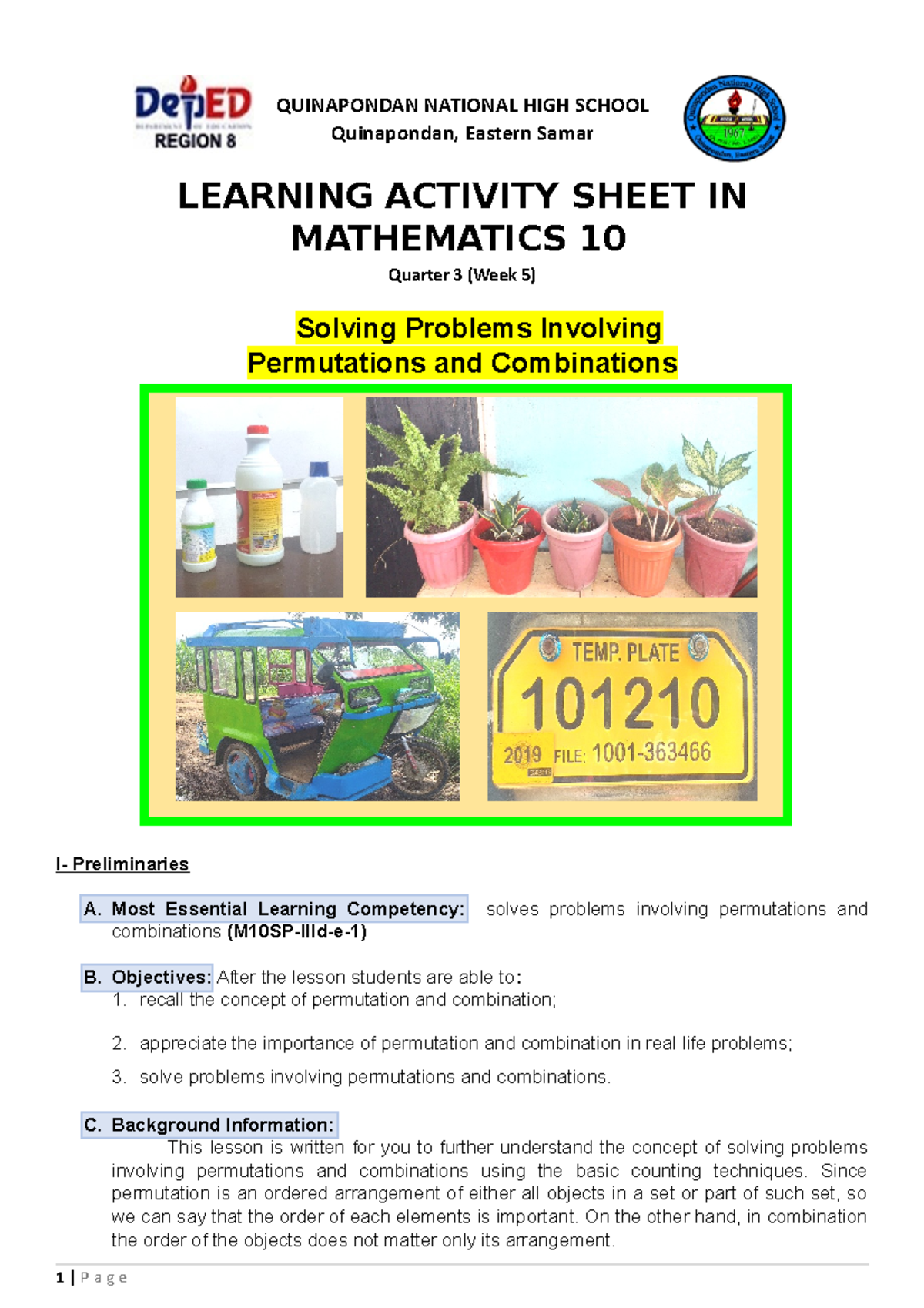 Las Week 5 Learning Activity Sheet For Mathematics 10 Quarter 3 Week 3 Quinapondan National