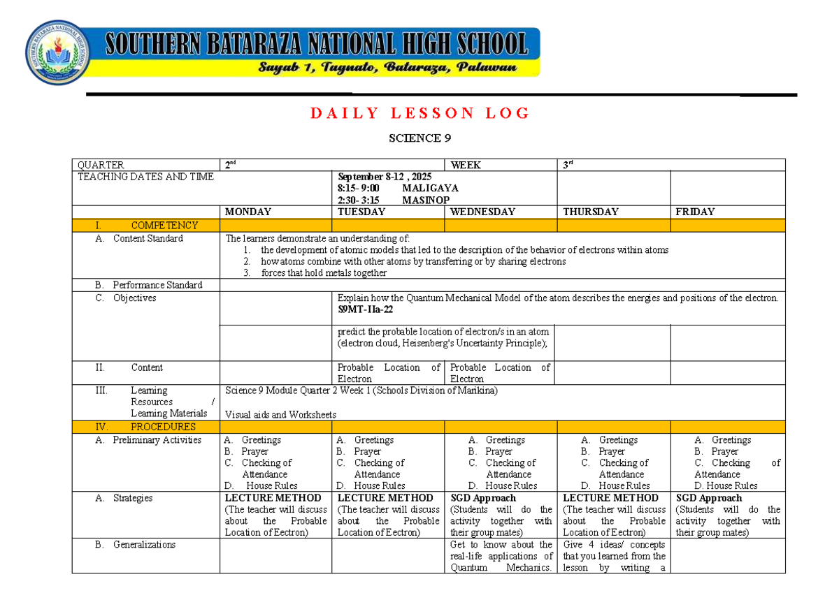 DAILY LESSON LOG SCIENCE 9 Q2 WEEK 3 TEACHING ACTIVITIES - Studocu
