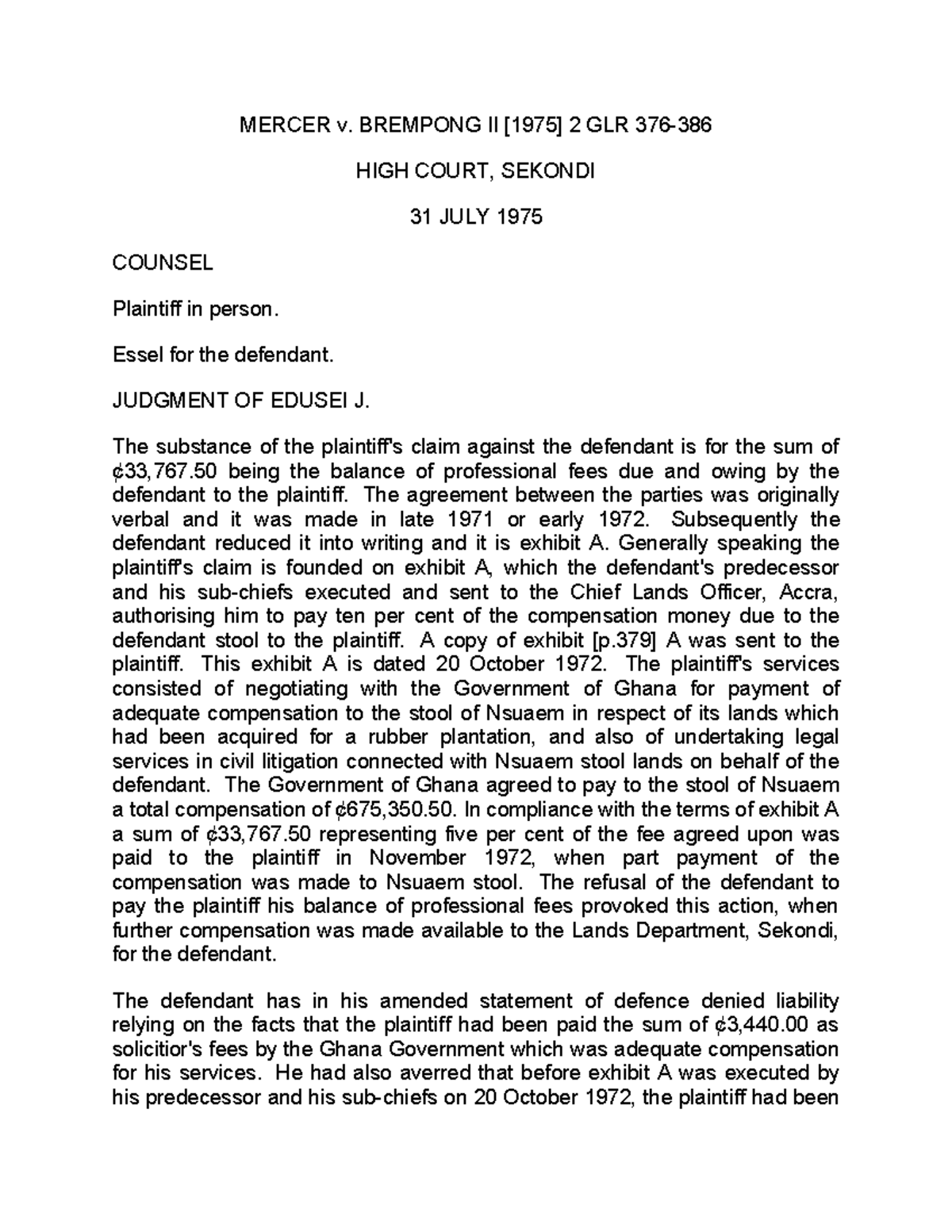 Mercer v. Brempong II [1975] 2 GLR High Court Judgment Analysis - Studocu