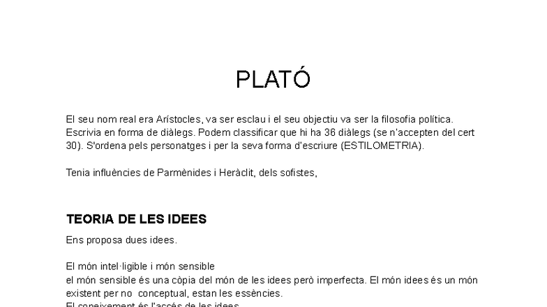Filosofia tema 2 - plató i aristotil - PLATÓ El seu nom real era ...