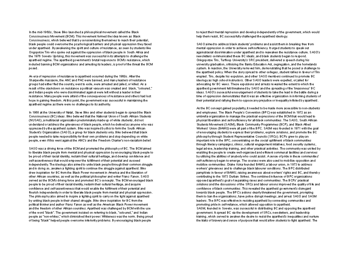 BCM - Understanding the Black Consciousness Movement Essay - Studocu