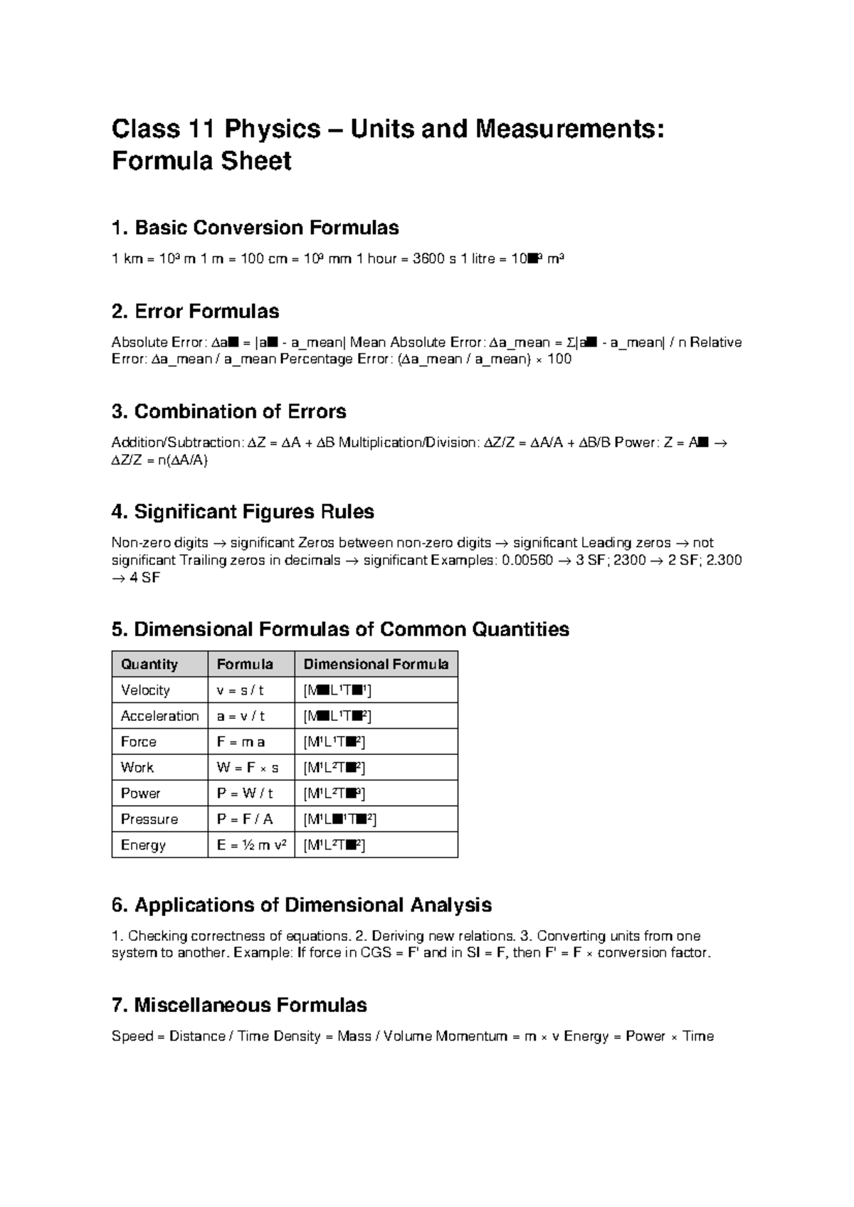 Class 11 Physics: Units & Measurements Formula Sheet - Studocu