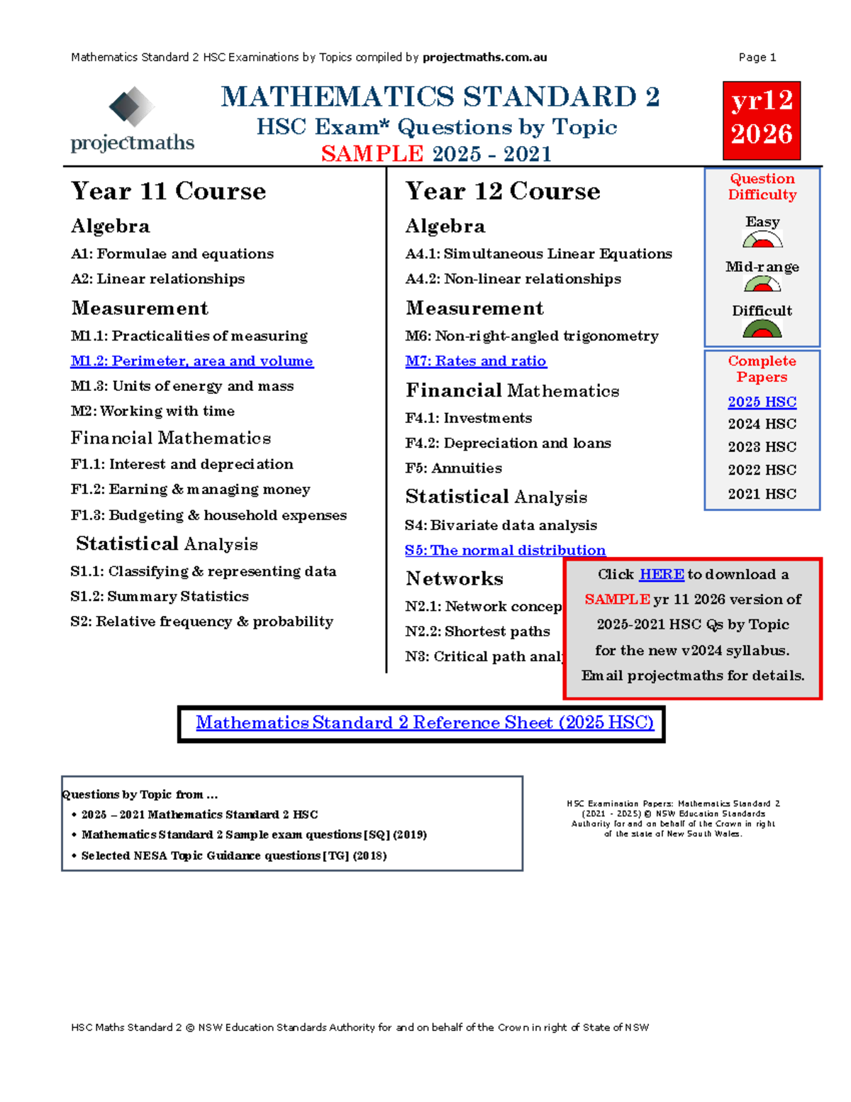 Mathematics Standard 2 HSC Exam Questions Compilation (2021-2025) - Studocu