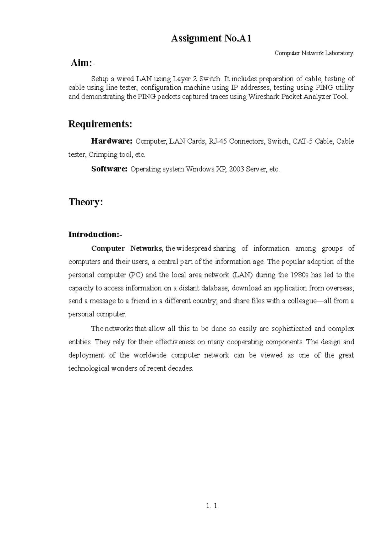 Assg no. 1 - Computer Network Lab Tutorial on LAN Setup - Studocu