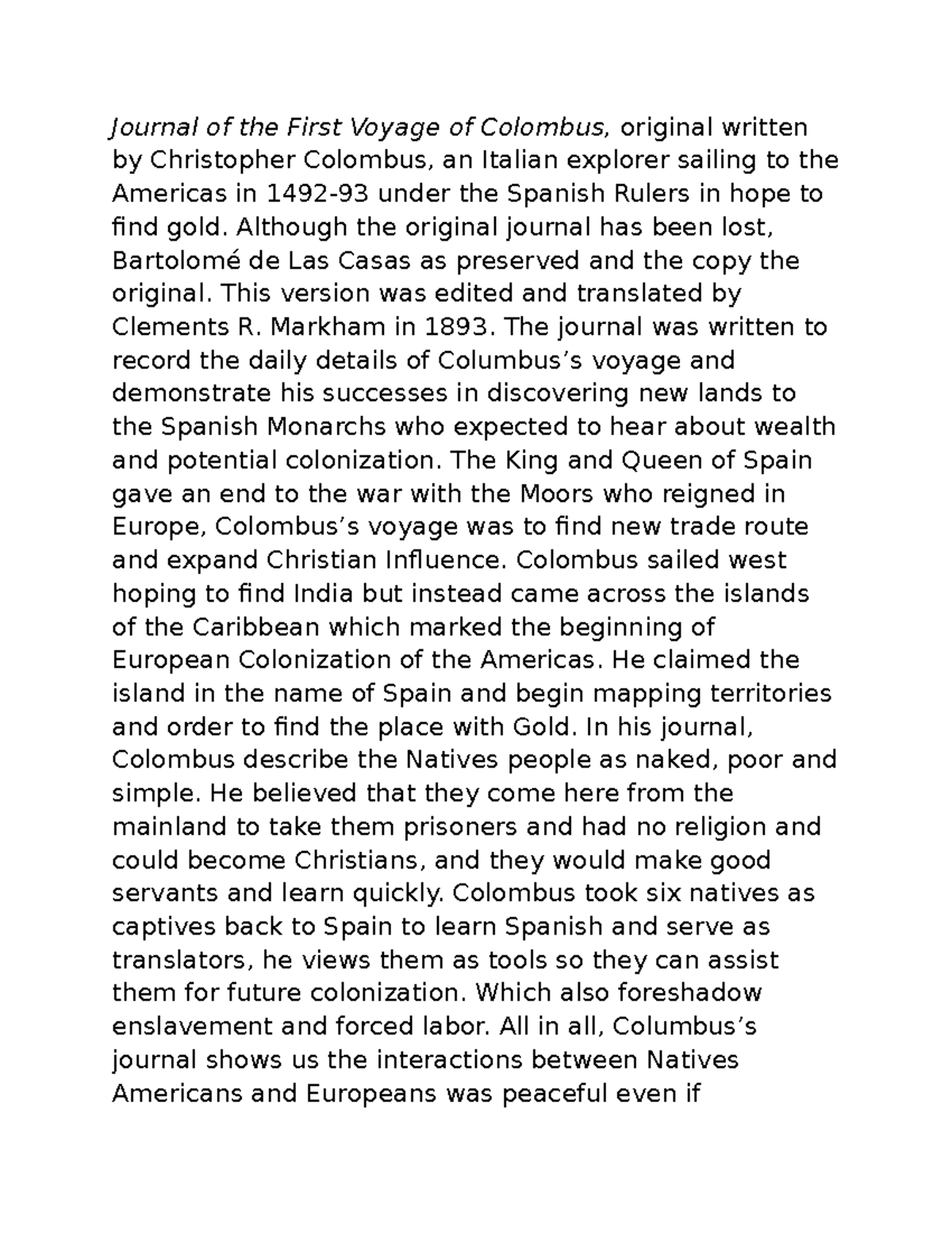 Columbus Journal: Primary Source Analysis (Summer Assignment) - Studocu