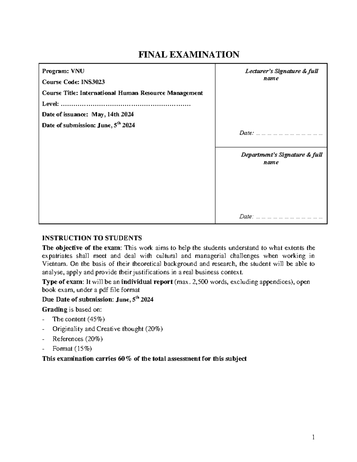 Final Exam INS3023 - ftf - 1 FINAL EXAMINATION Program: VNU Course Code ...