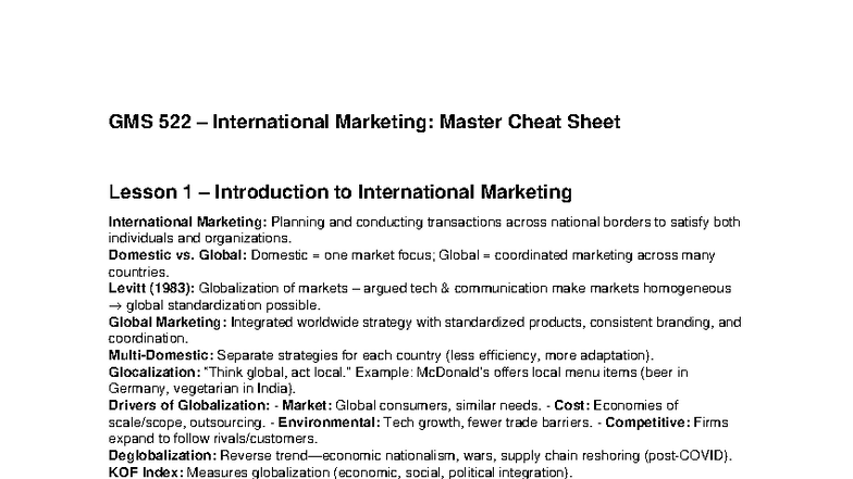 GMS 522 International Marketing: Midterm Master Cheat Sheet - Studocu