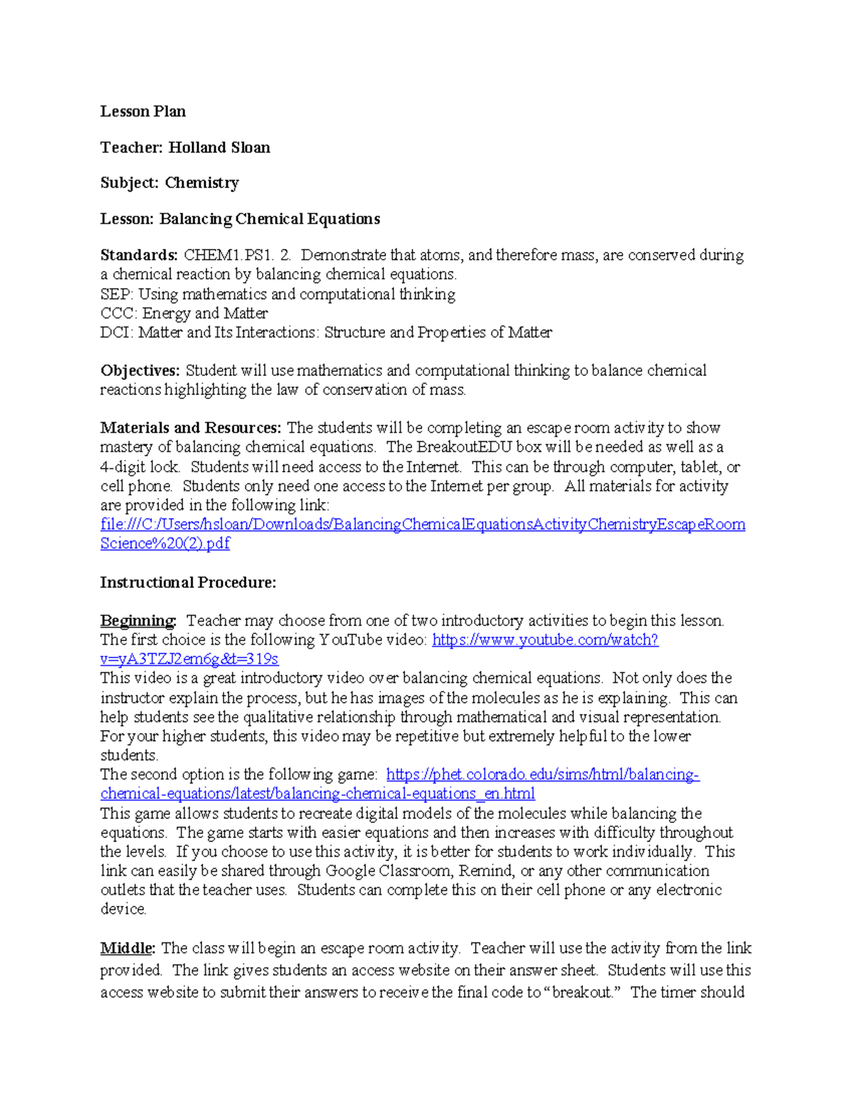 CHEM STEM balancing equations - Lesson Plan Teacher: Holland Sloan ...