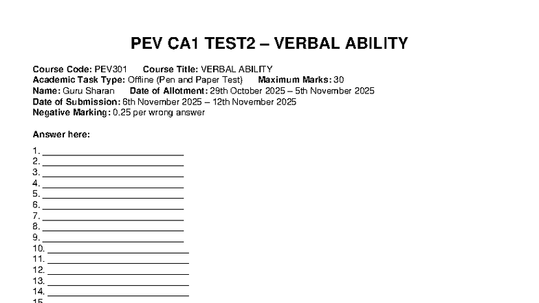 PEV301 CA1 Test 2: Verbal Ability Assessment - Studocu