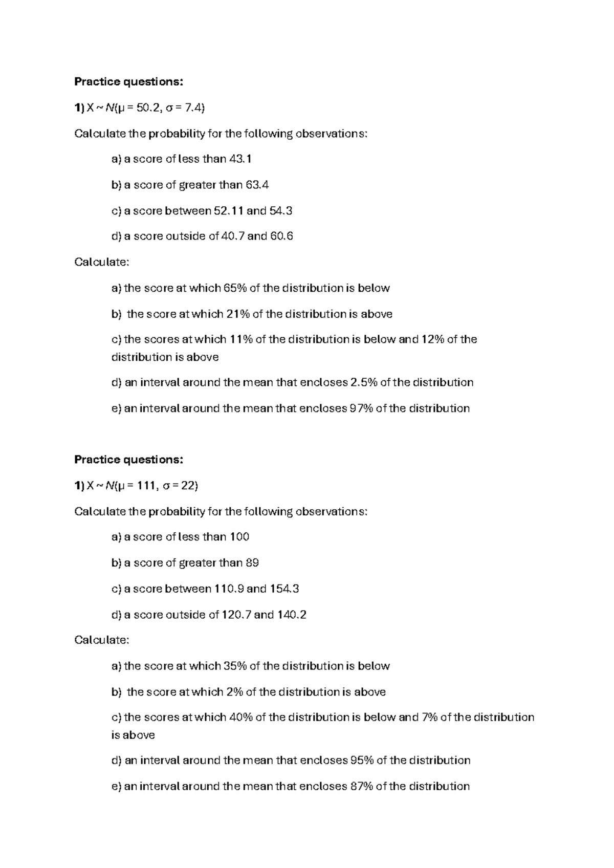 Practice Questions for Statistics: Probability Calculations - Studocu