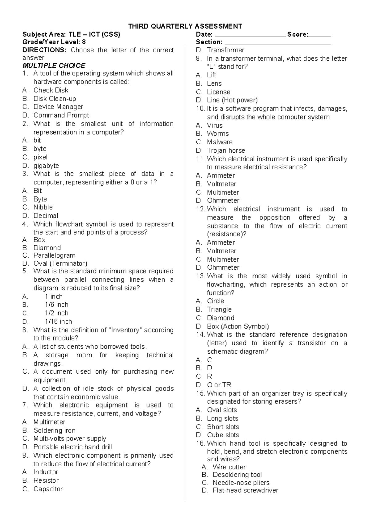 3rd Quarter Periodical Test: TLE ICT (CSS) Level 8 - Studocu