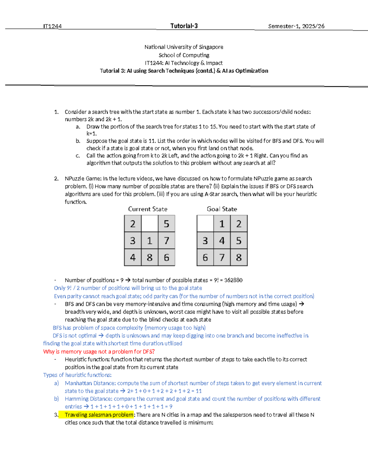 IT1244 Tutorial 3: AI Search Techniques & NPuzzle Insights - Studocu