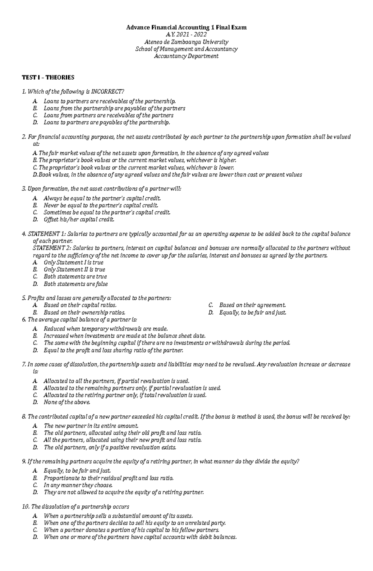 **ADVCA 155: Advance Financial Accounting 1 Final Exam Review (A.Y. 21 ...