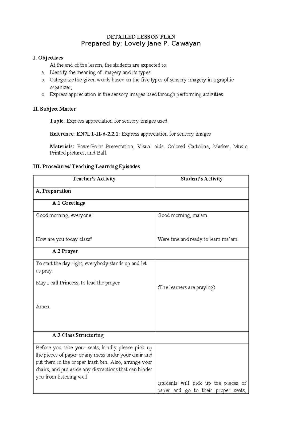 Imagery Lesson Plan - EN7LT-II-d-2.2 - Prepared by Lovely Jane P ...