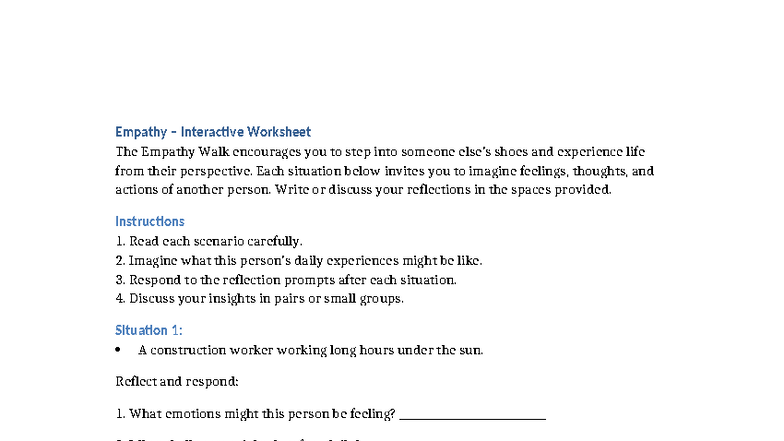 Empathy Interactive Worksheet: Exploring Perspectives and Feelings ...