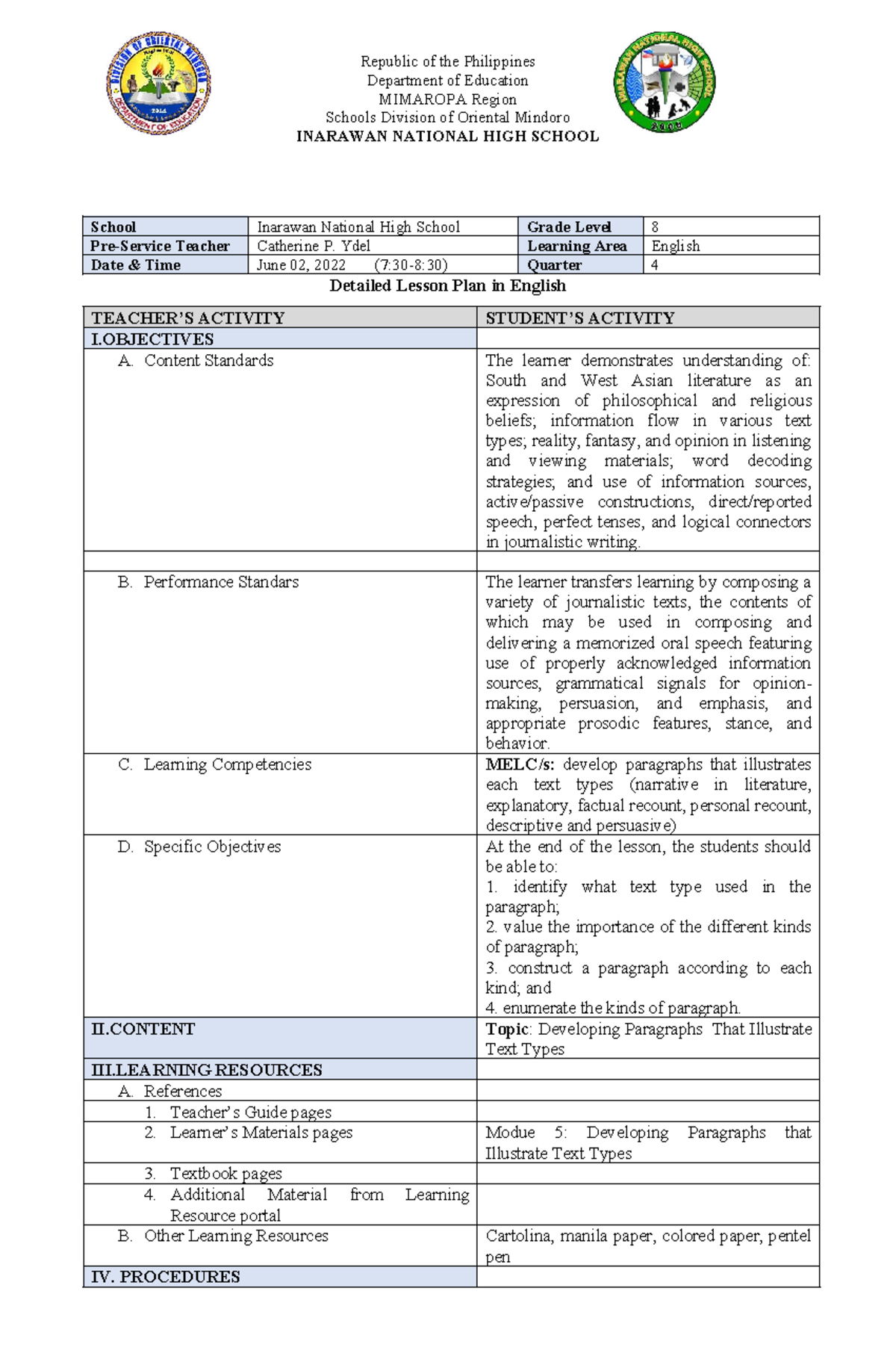 Detailed Lesson Plan for English 4: Developing Paragraphs That ...