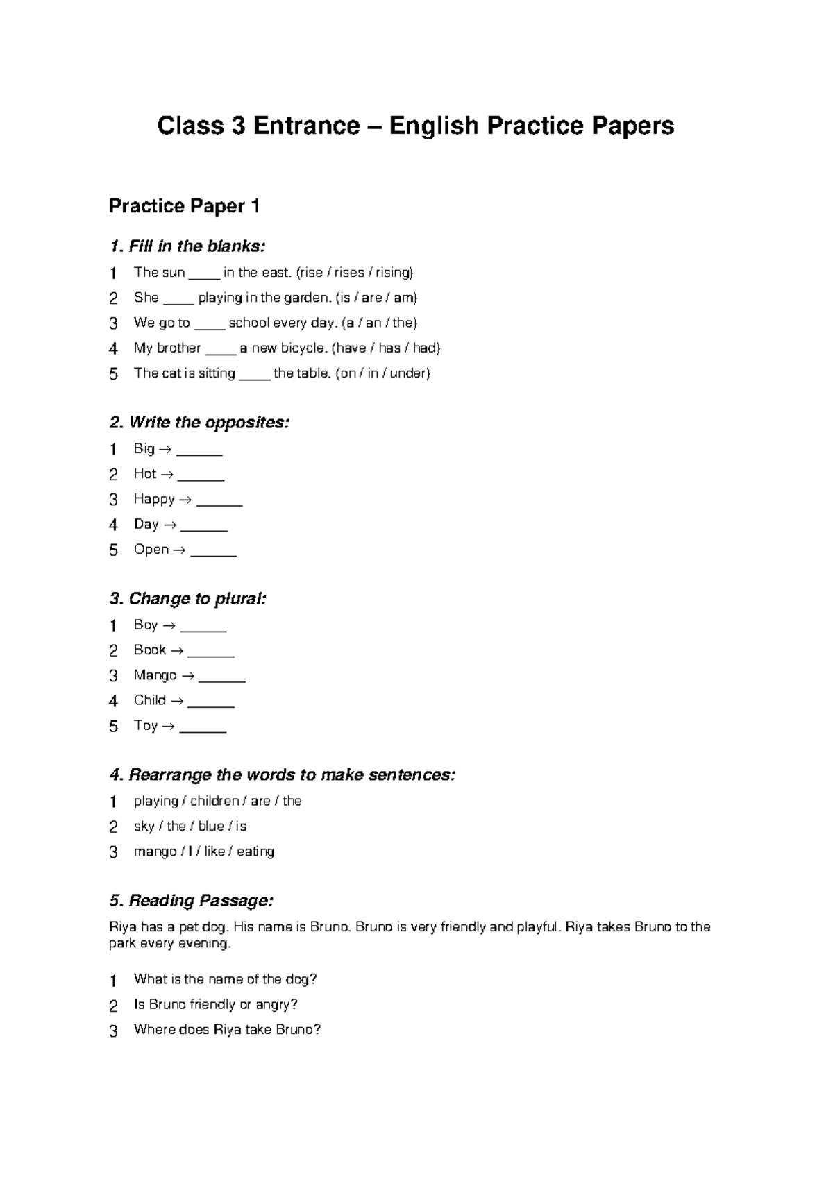 Class 3 Entrance English Practice Papers: Fill in the Blanks & More ...