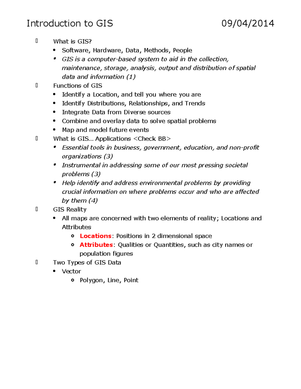 Gis Lecture Notes All Introduction To Gis What Is Gis Software Hardware Data Methods