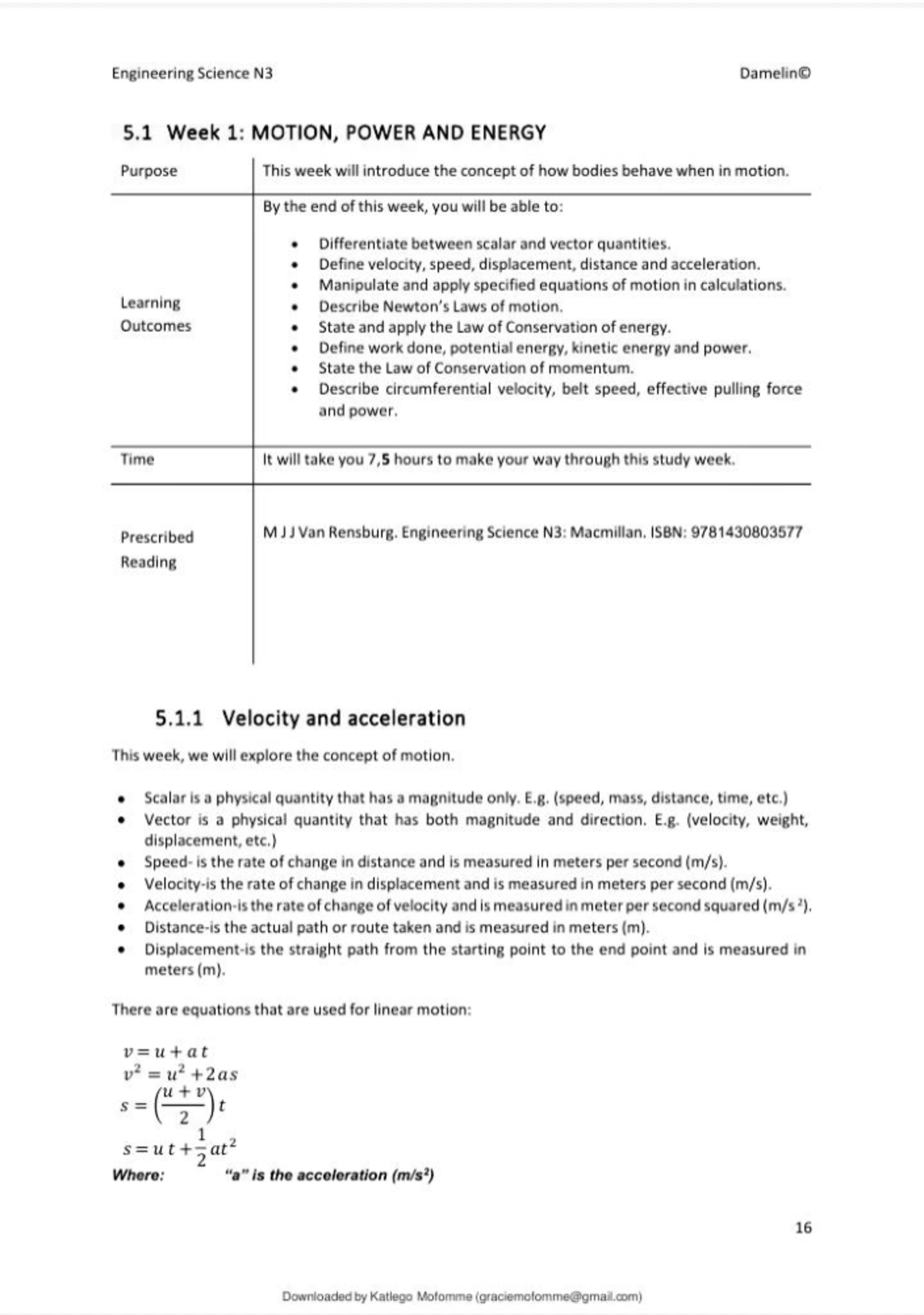 Engineering Science N3: Week 1 Study Guide on Motion, Power & Energy ...