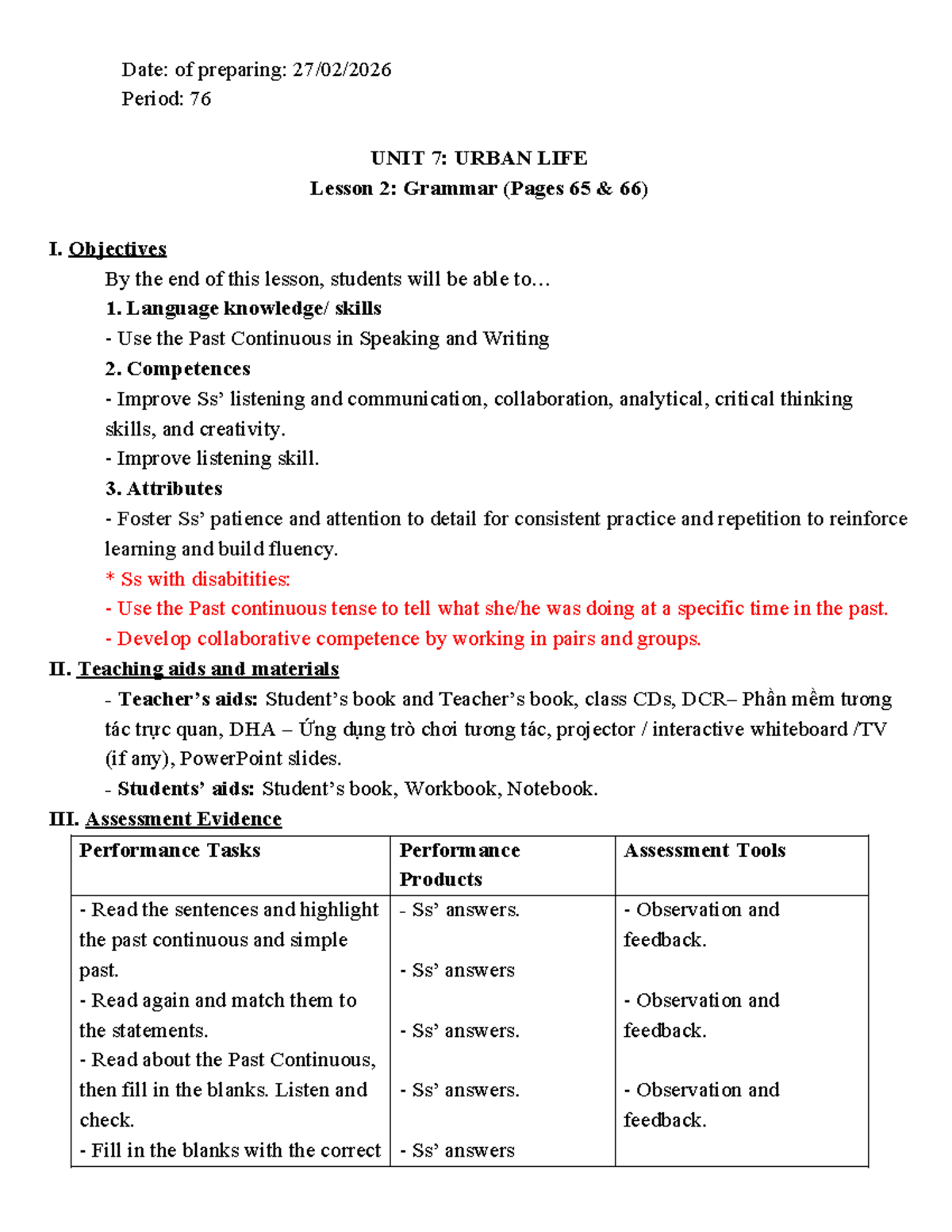 TA 9 - Period 76: Unit 7 Lesson 2 - Past Continuous Grammar Guide - Studocu