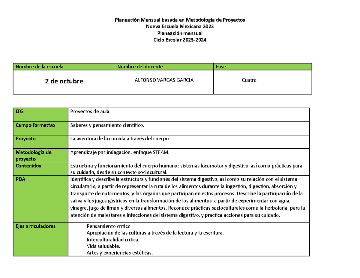Planeación Mensual: La Aventura de la Comida (2023) - Studocu