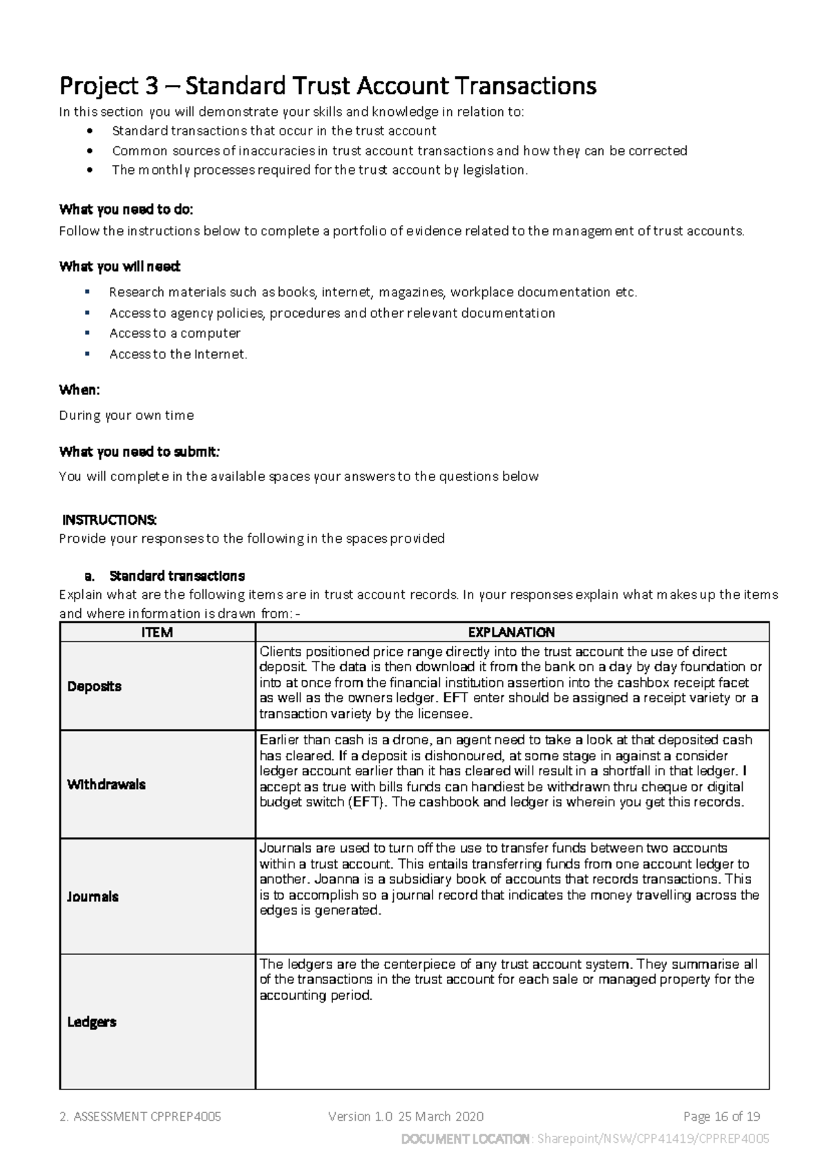 CPPREP4005 Assessment: Trust Account Transactions & Reconciliation - Studocu