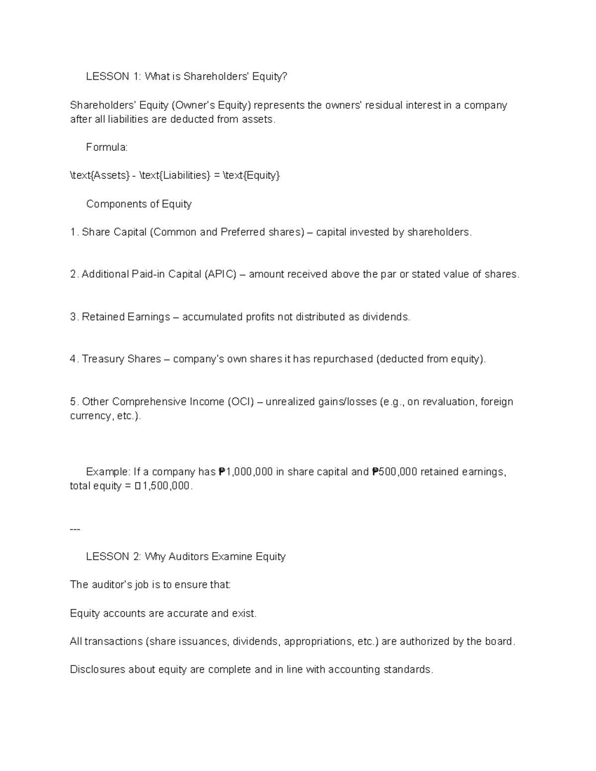 Lesson 1: Understanding Shareholders' Equity Concepts - Studocu