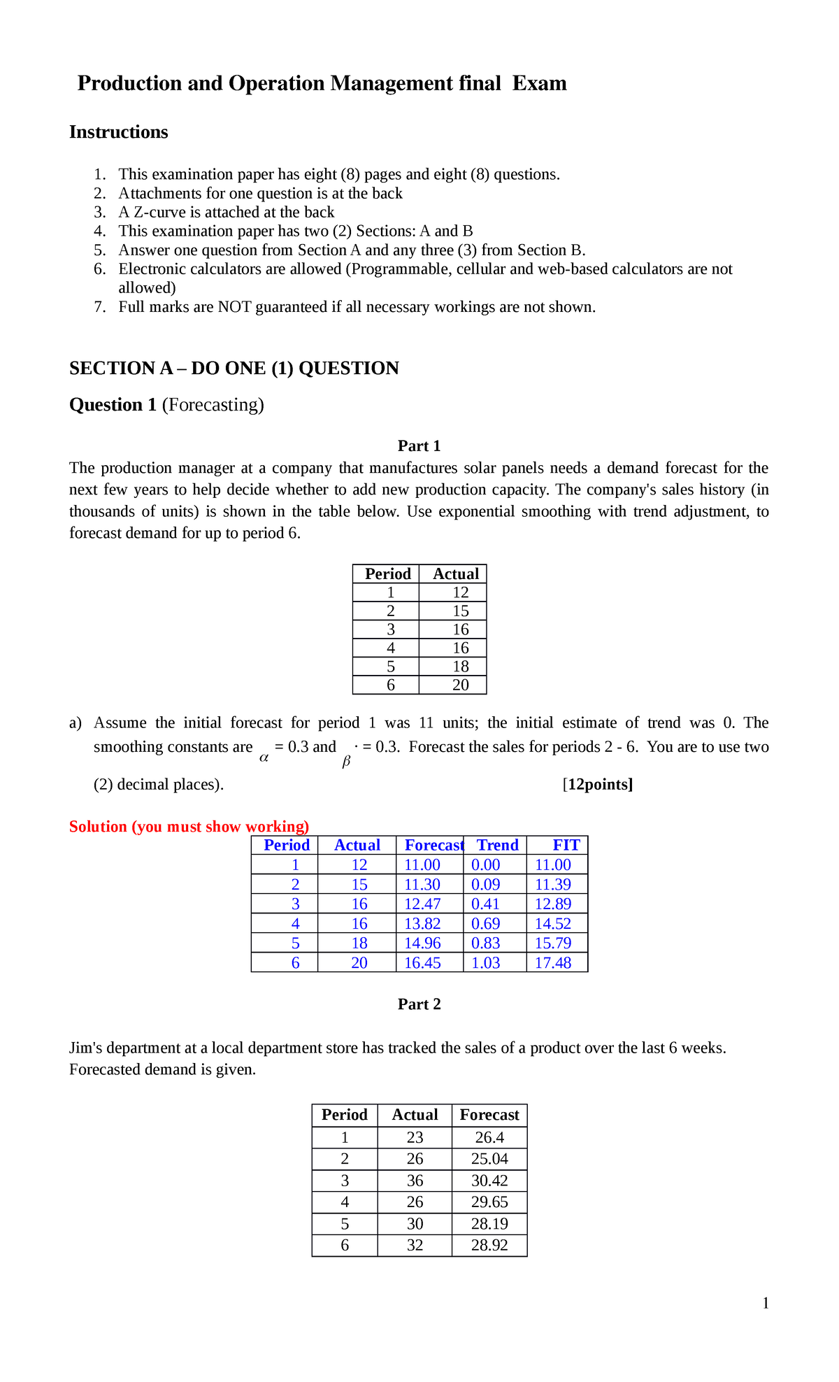 Production & Operations Management (POM 101) Final Exam Guidelines ...