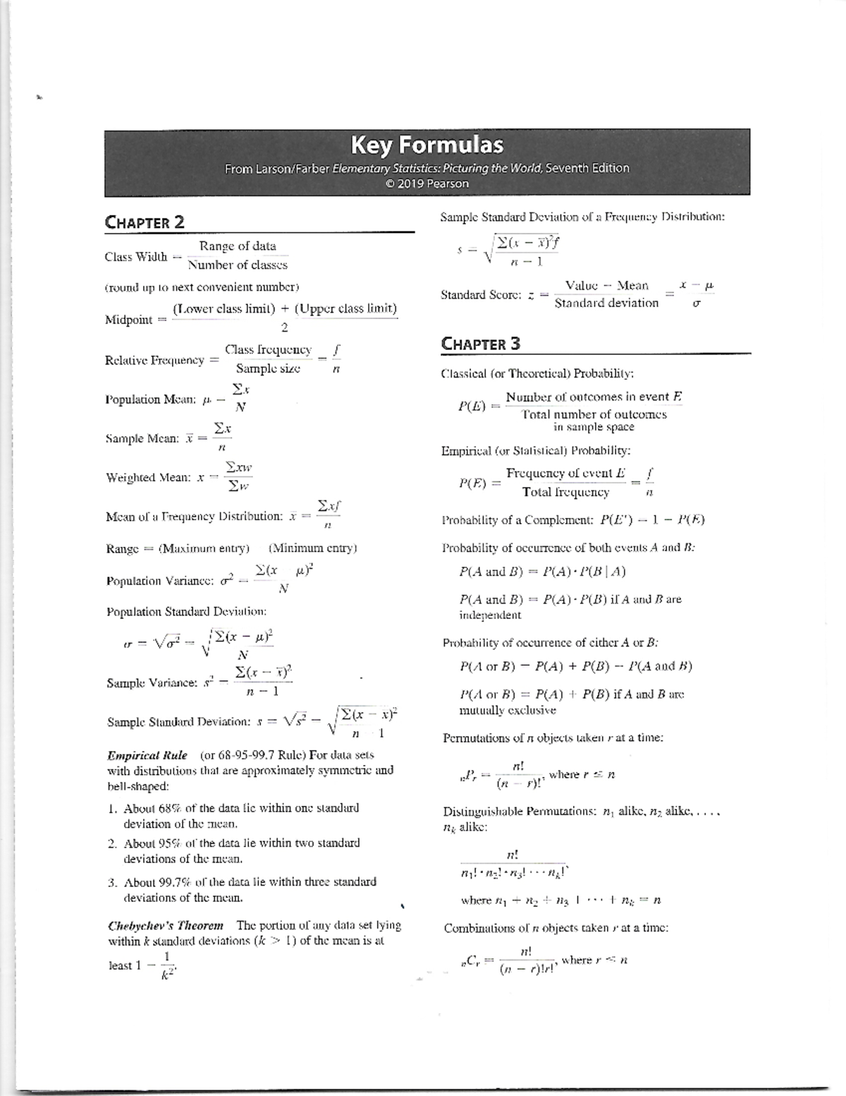 MTH245-246 Formula Sheet - Online - 1 - Key Formulas From Elementary ...