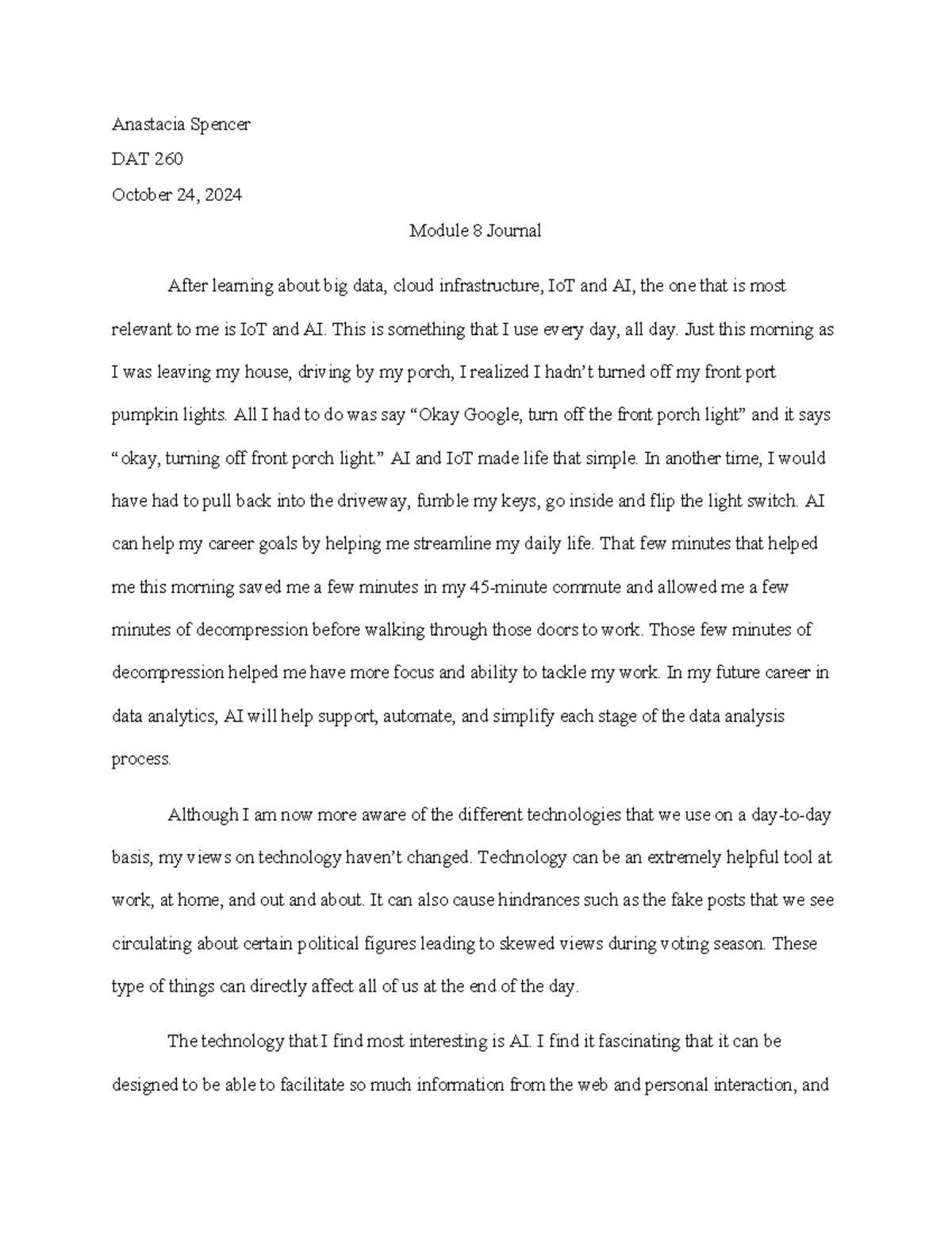 DAT 260: Module 8 Journal on AI and IoT Impact on Daily Life - Studocu