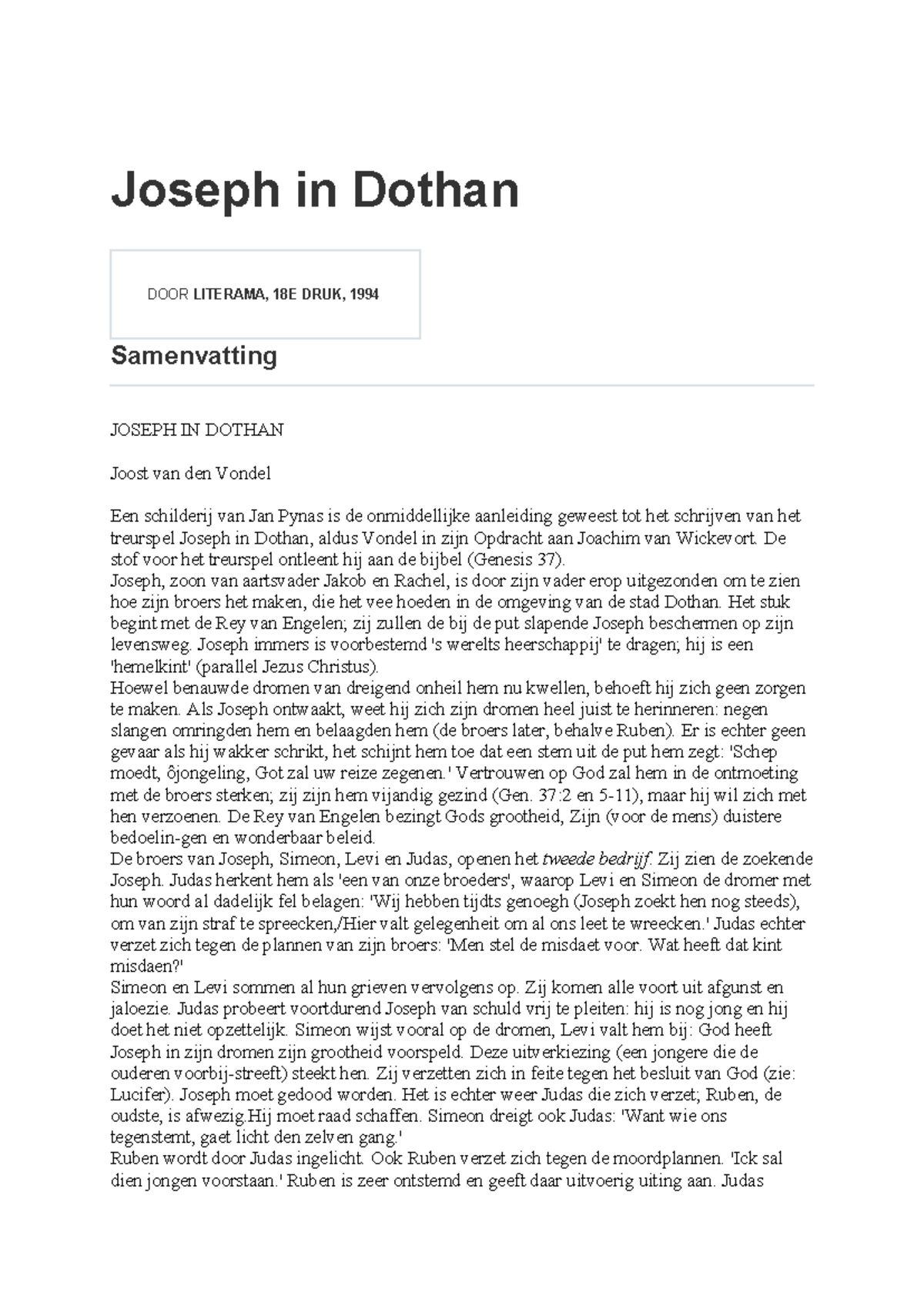 Joseph in Dothan: Een Analyse van Vondels Treurspel (LIT101) - Studeersnel