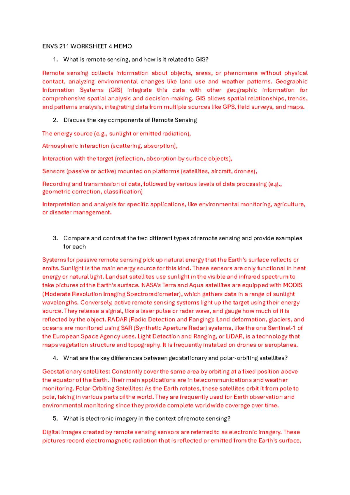 ENVS 211 REMOTE SENSING WORKSHEET 4 MEMO: Key Concepts and Comparisons ...