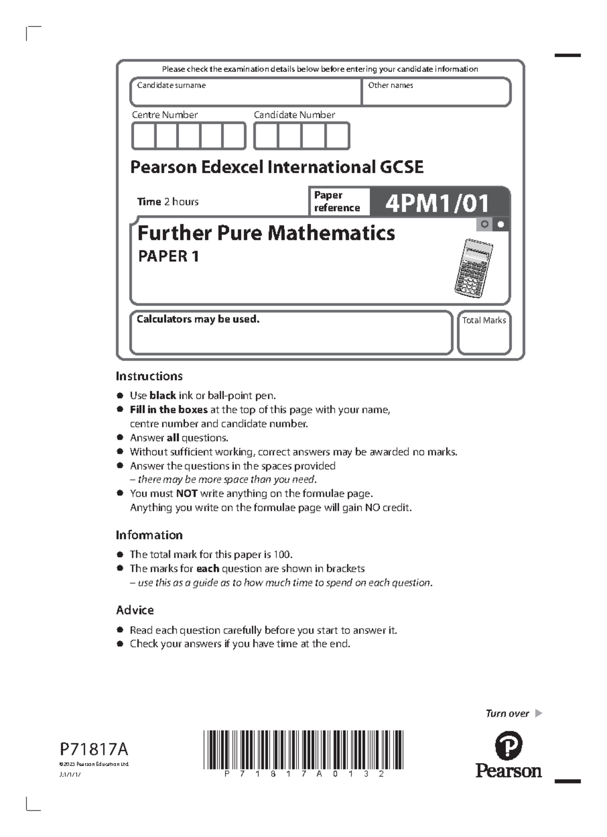 Further Pure Mathematics 4PM1 Exam Paper - January 2023 - Studocu