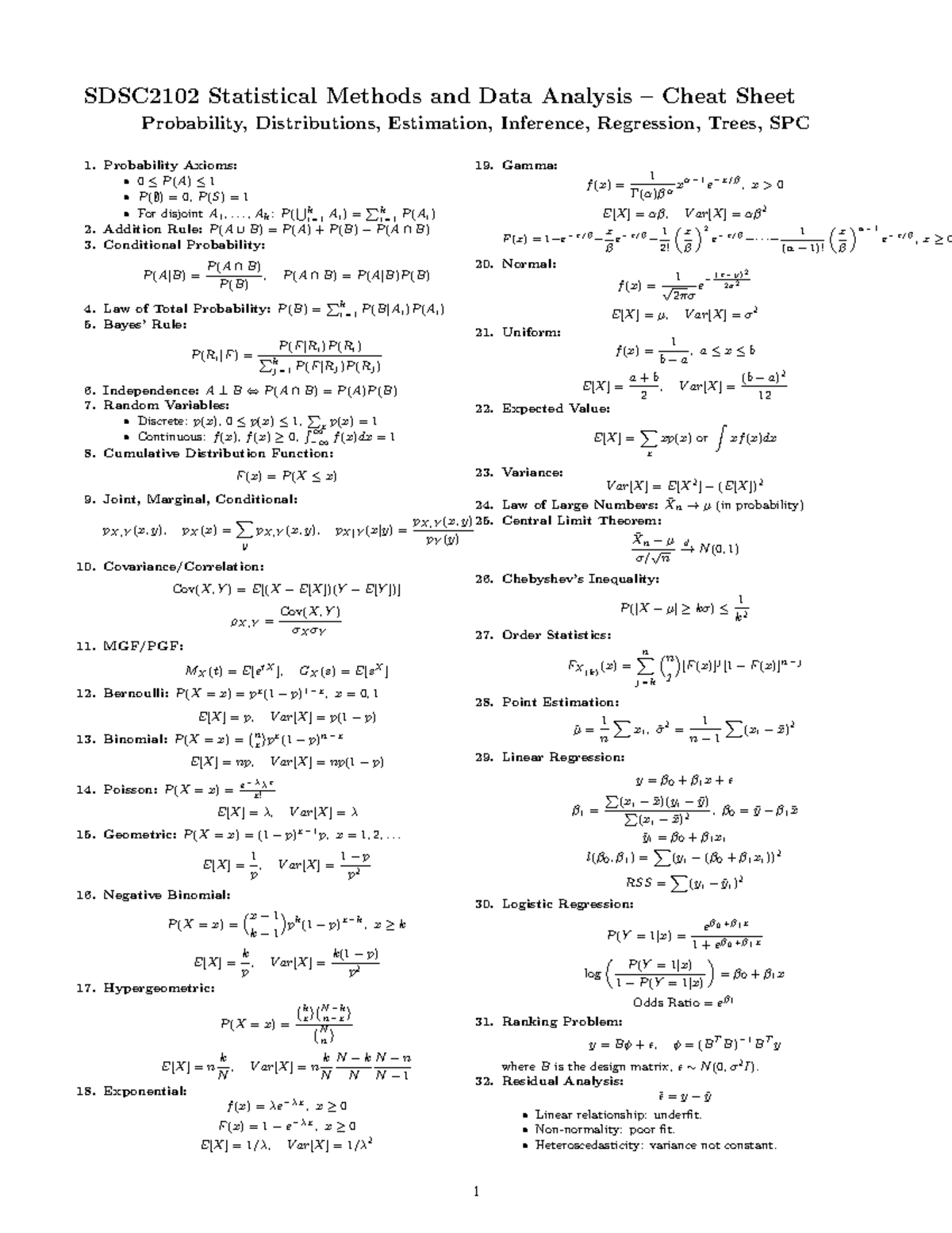 SDSC2102 Statistical Methods Cheat Sheet: Probability & Inference - Studocu