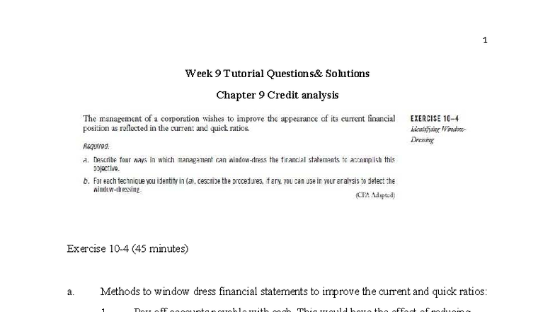 Week 9 Tutorial Solutions: Credit Analysis & Financial Ratios - Studocu