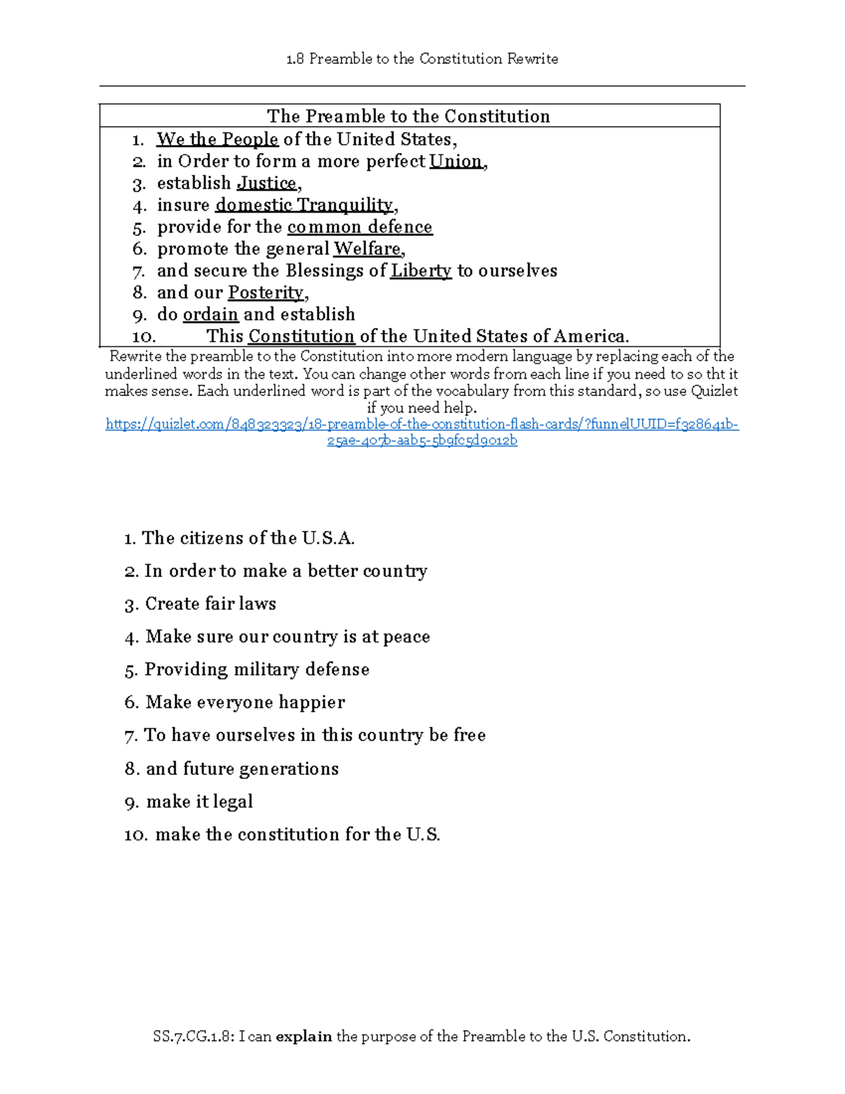 1.8 Preamble to the Constitution: Modern Language Rewrite Guide - Studocu