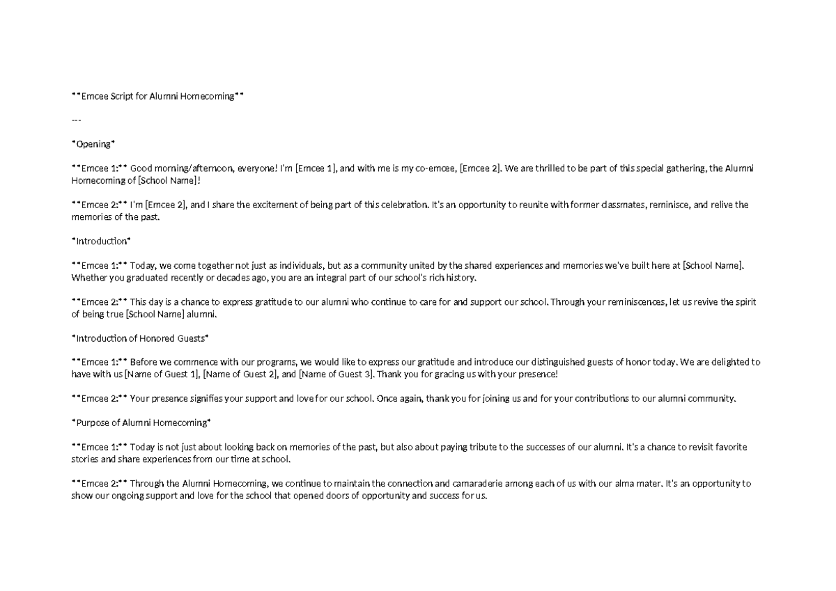 Alumni Homecoming Emcee Script for [School Name] Event - Studocu