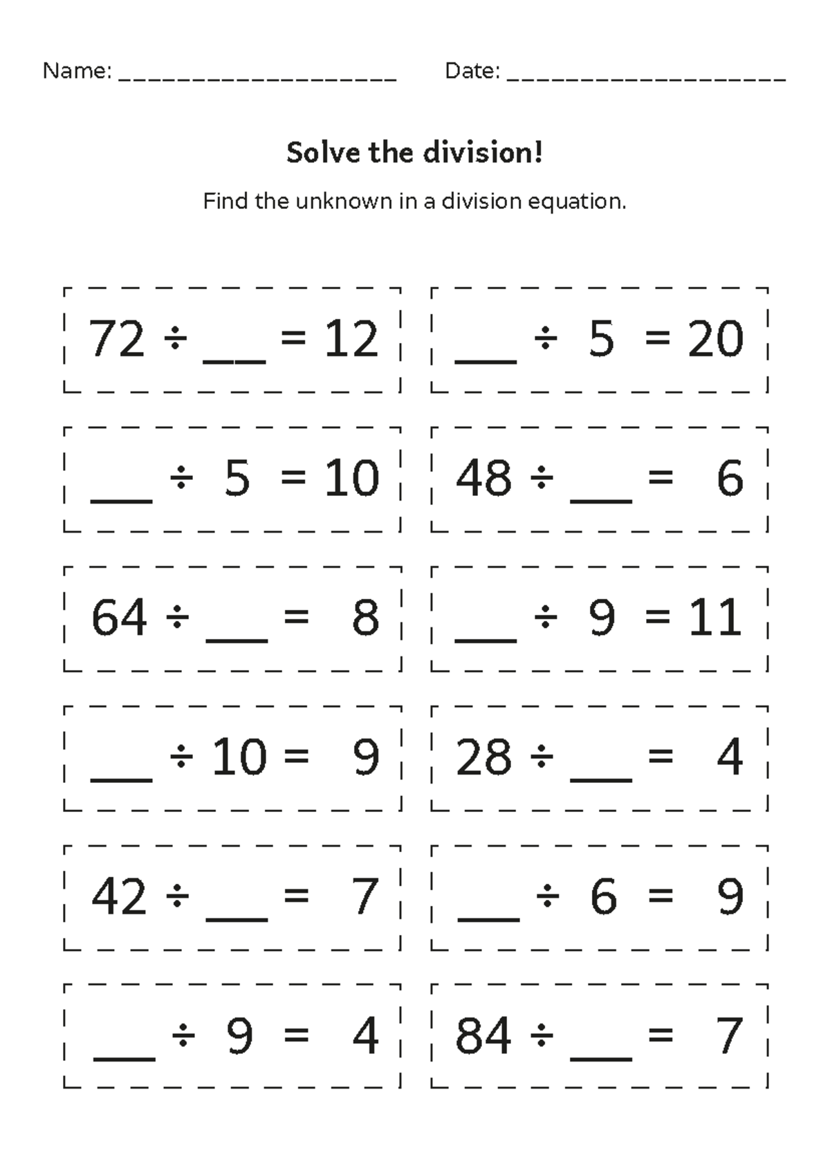 Solve Unknowns in Division Equations - 3rd Grade Worksheet - Name ...