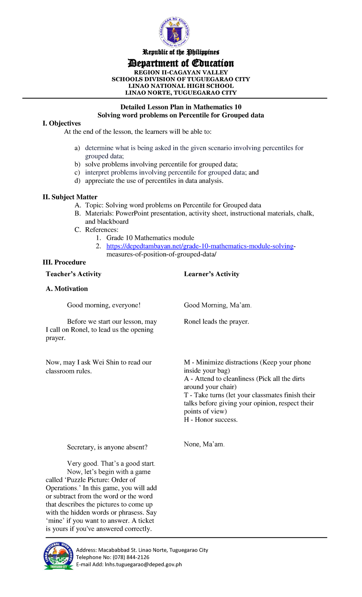 Final Examination Lesson Plan: Percentiles for Grouped Data (Math 10) - Studocu
