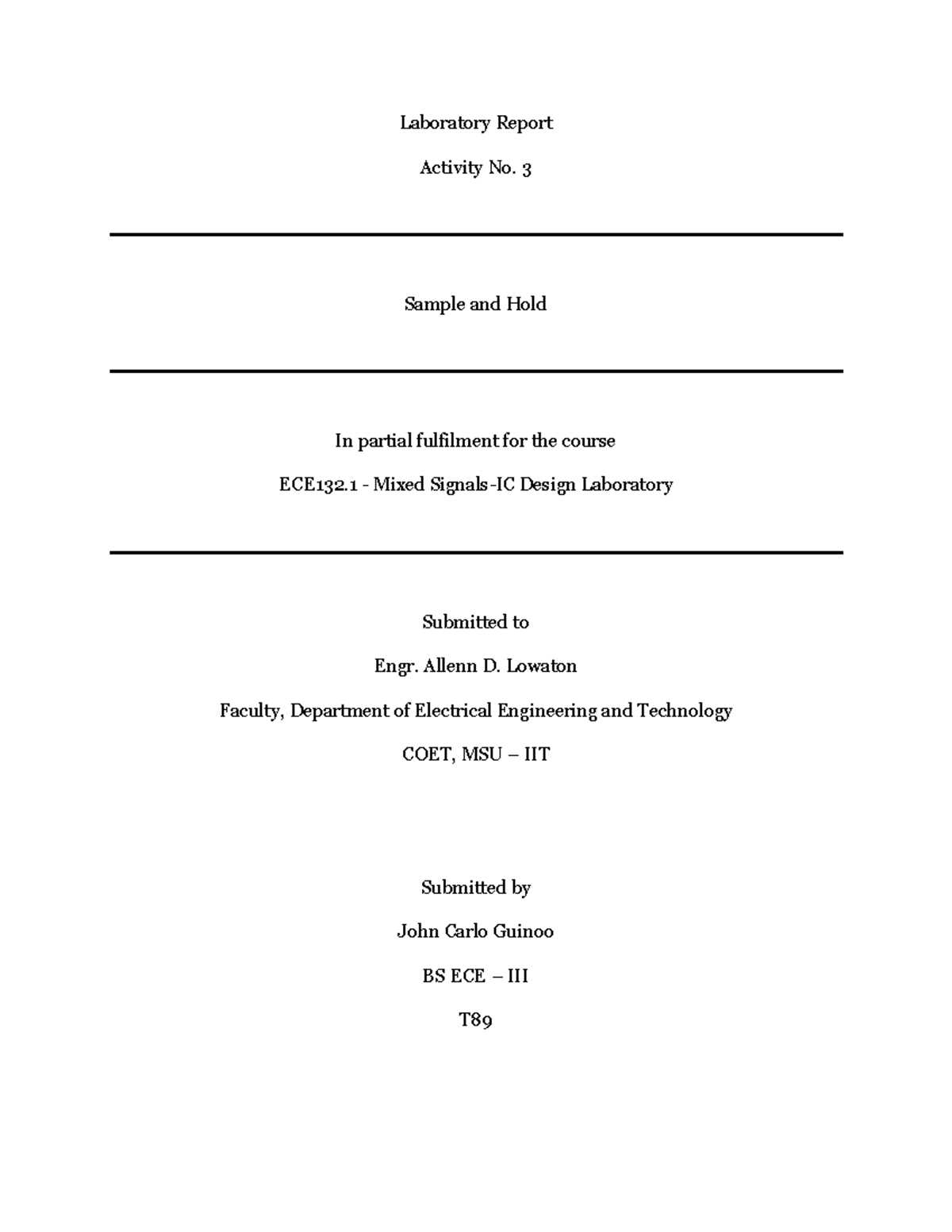Sample and Hold - Laboratory Report Activity No. 3 Sample and Hold In ...