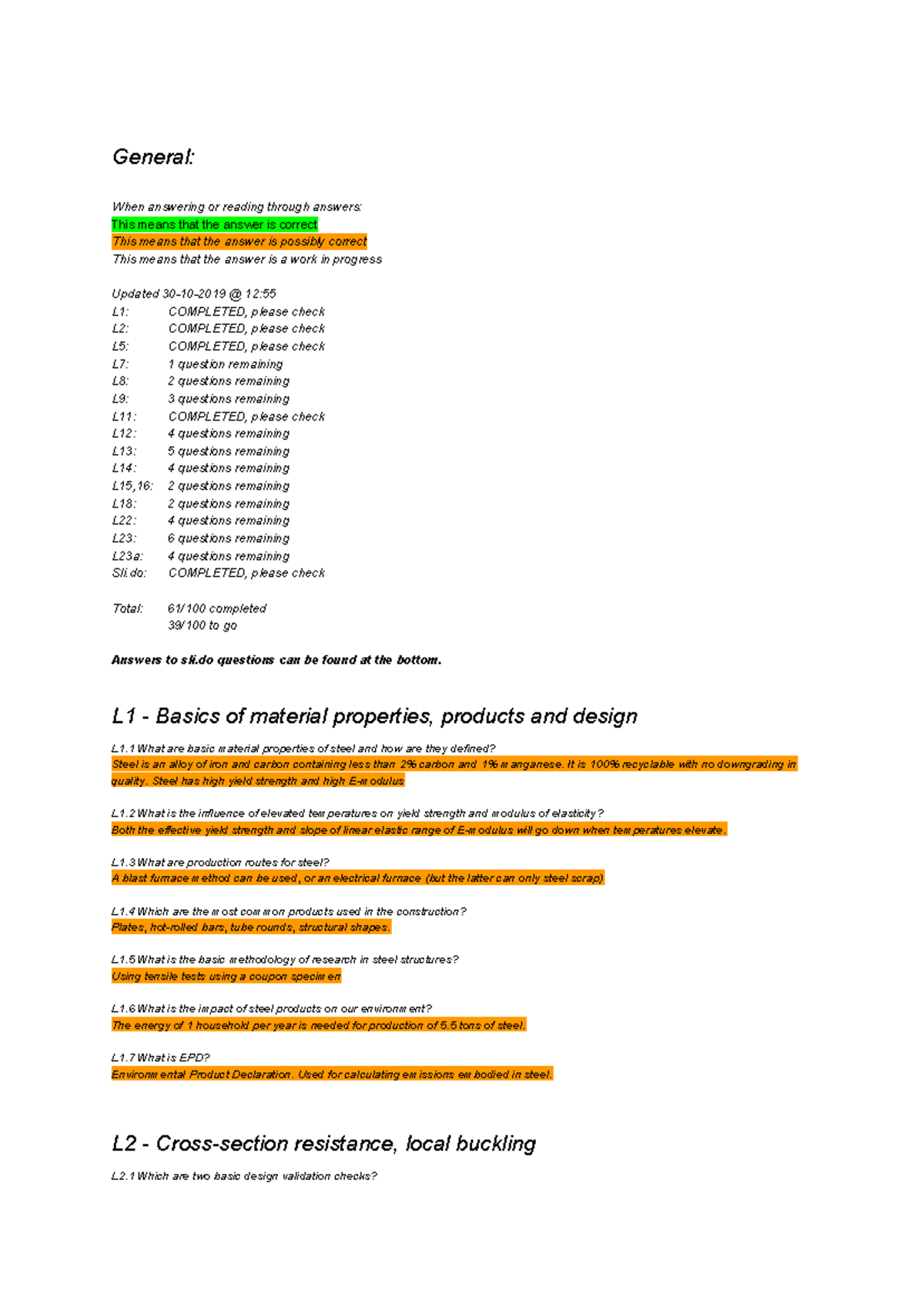 Steel Structures - Answers to Lecture Questions (Course Code: SS101 ...