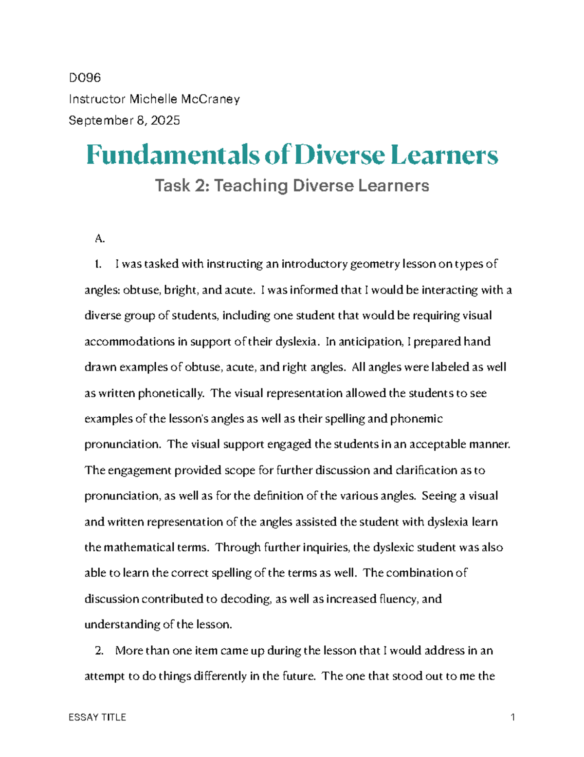 D096 Task 2: Teaching Diverse Learners in Geometry Lesson - Studocu