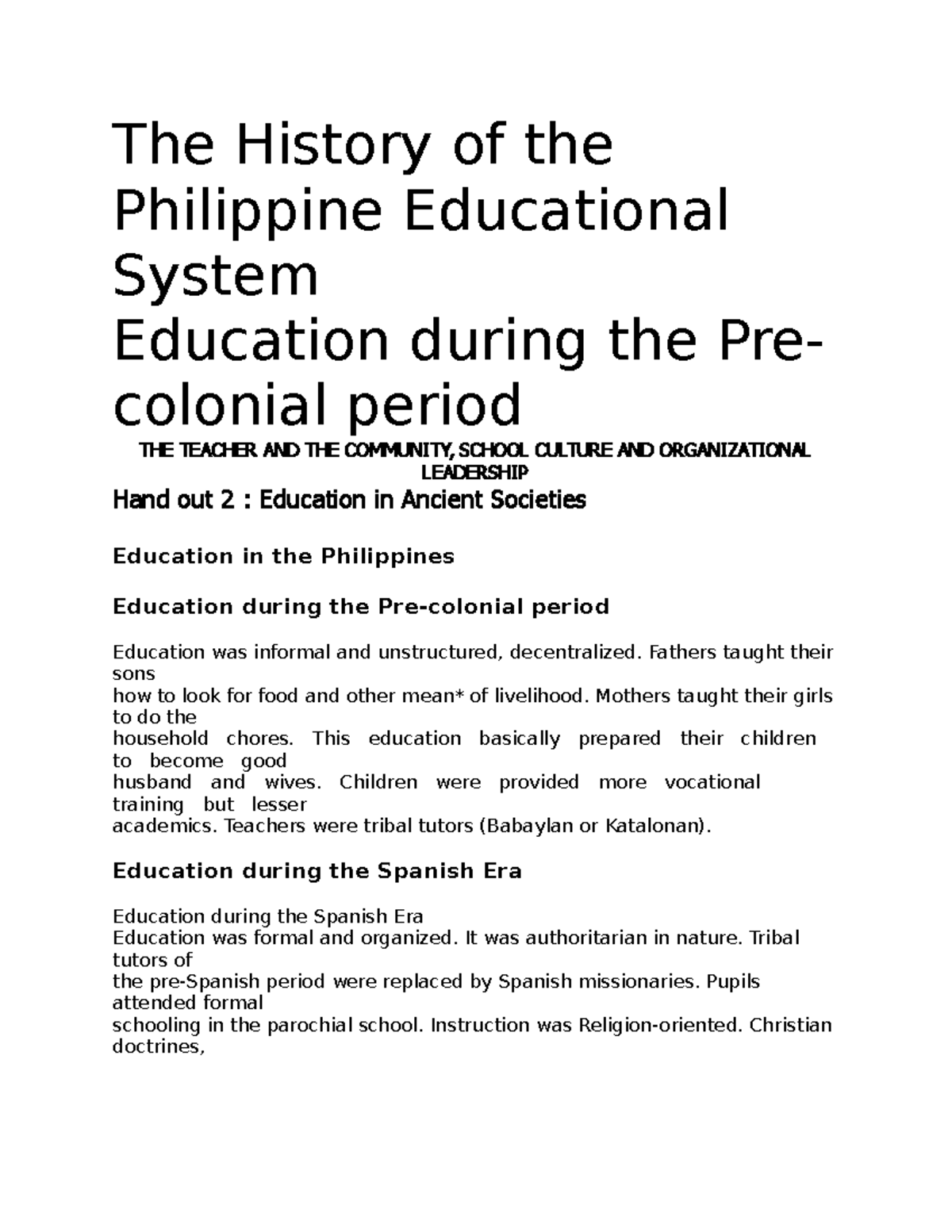 Handout 2: Educational History of the Philippines - From Pre-Colonial ...