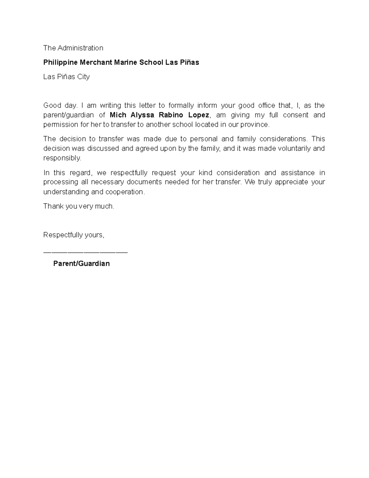 Consent Letter for School Transfer - Mich Alyssa Rabino Lopez - Studocu