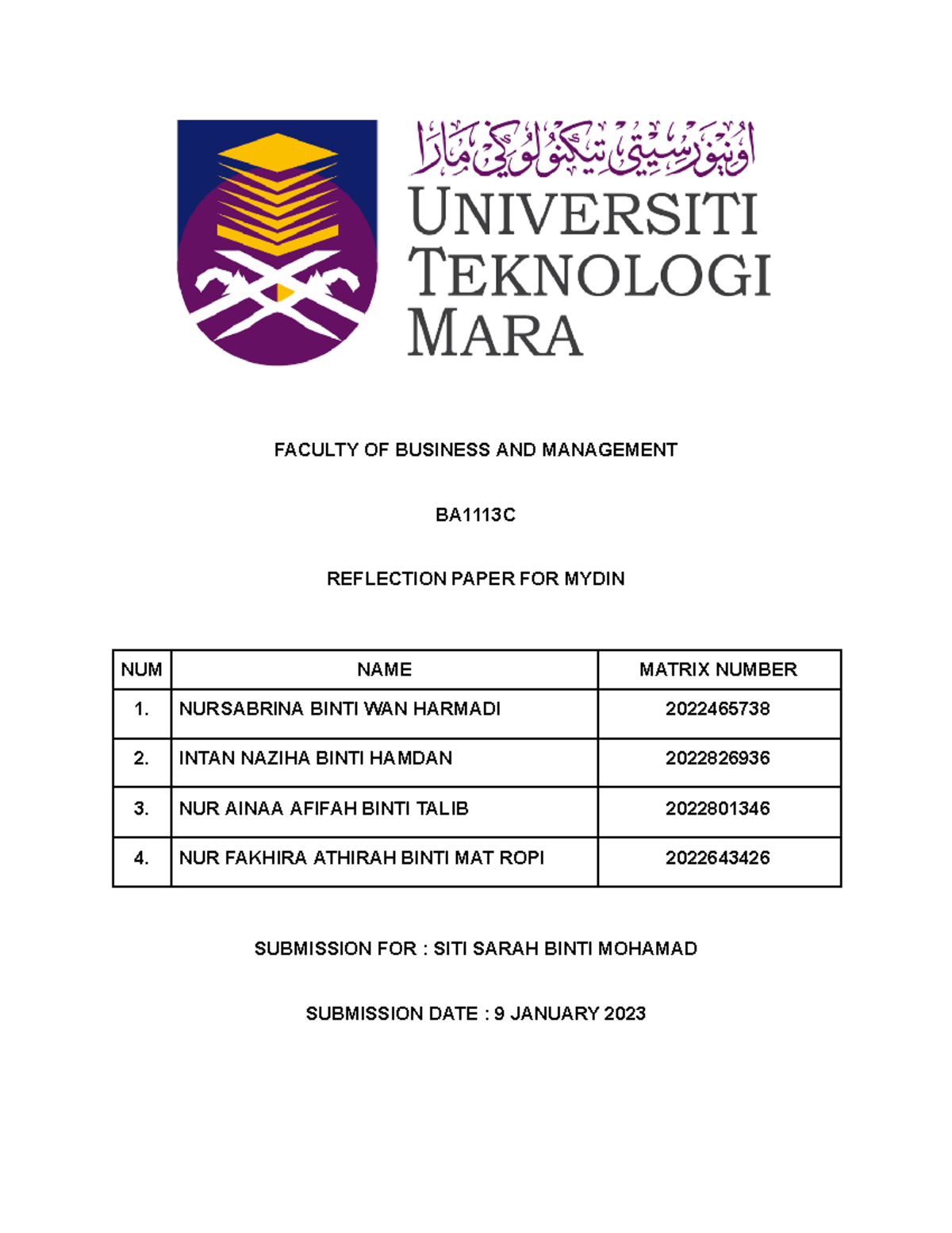 BA1113C Reflection Paper on Mydin's Customer Service and Impact - Studocu