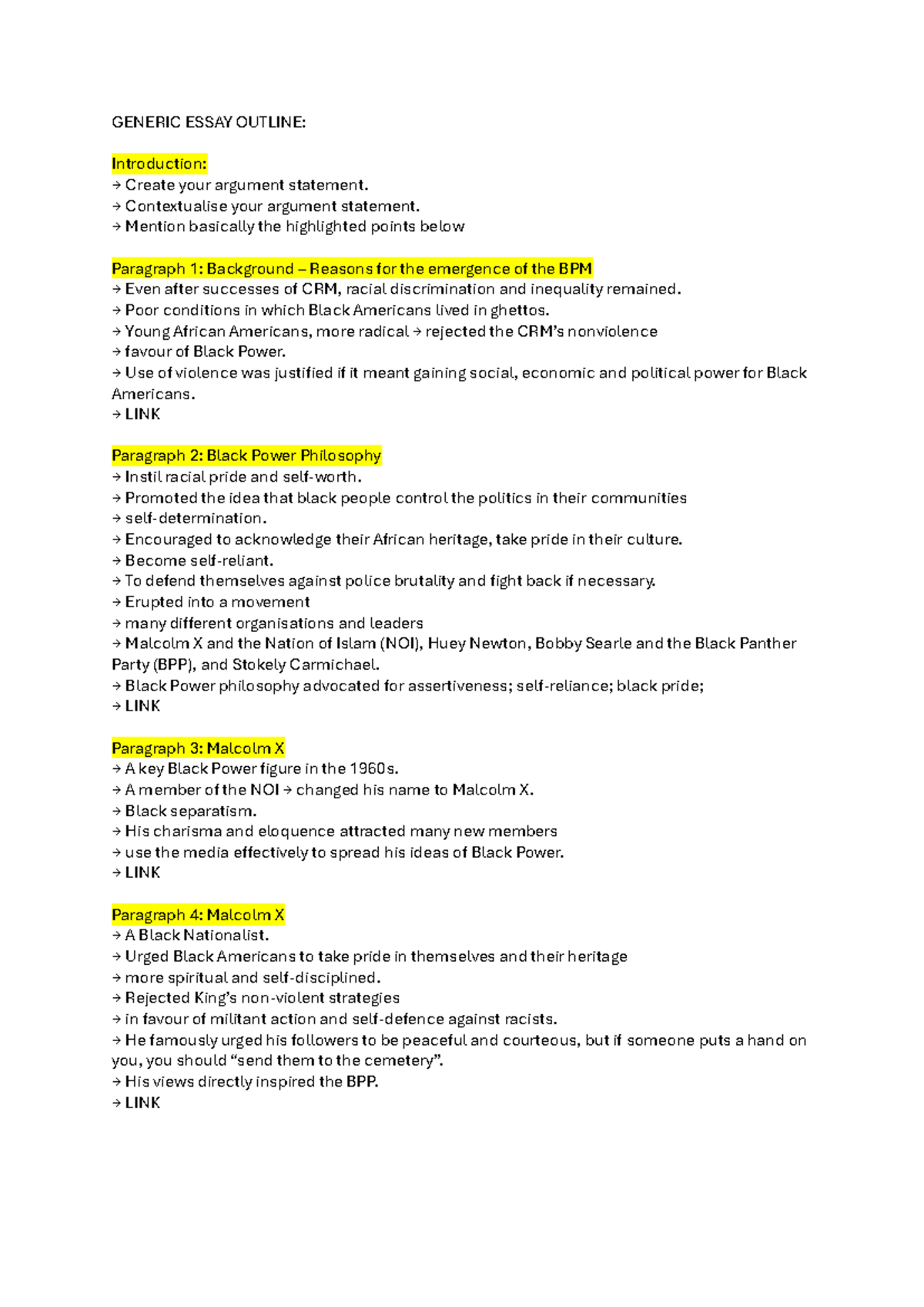 Black Power Movement Essay Outline: Key Themes and Figures - Studocu