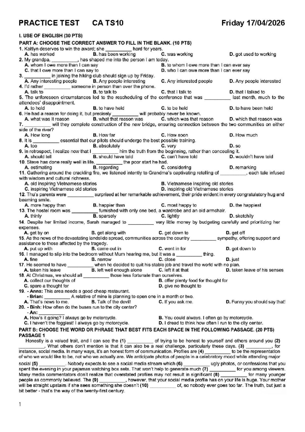 CA TS10 2024 - Practice Test 1: Use of English and Writing - Studocu