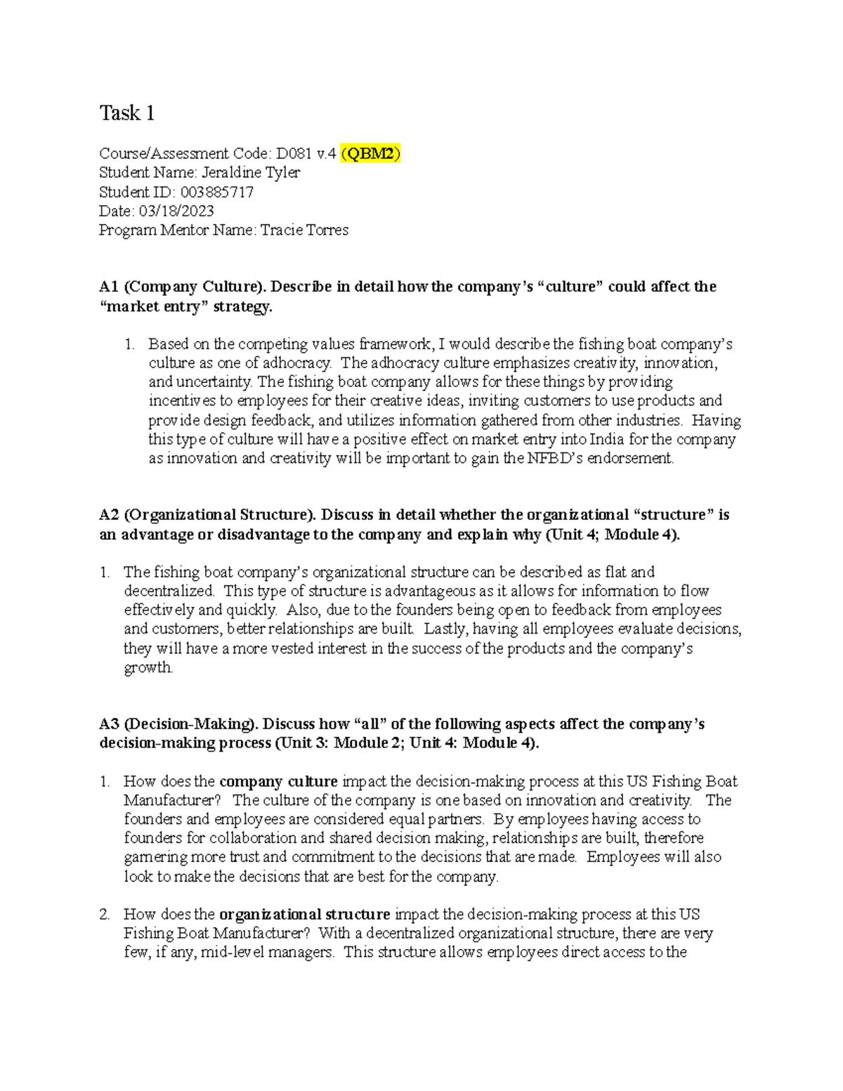 D081-Task 1 - Passed first time - Task 1 Course/Assessment Code: D081 v ...